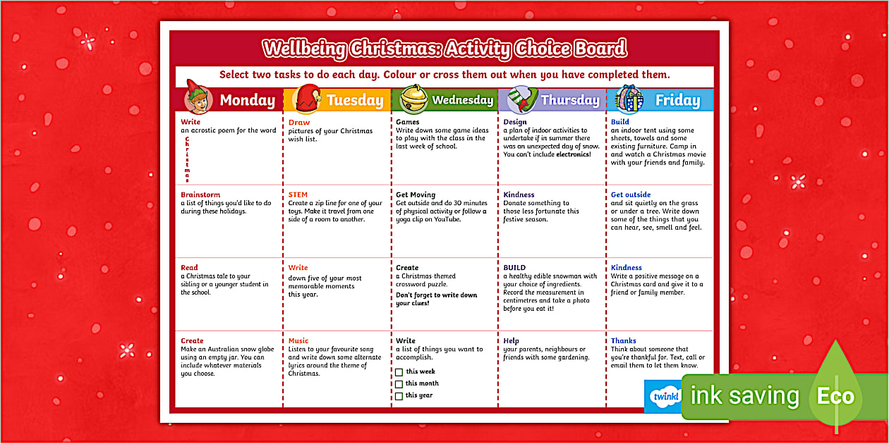 Wellbeing Christmas: Activity Choice Board (teacher made)