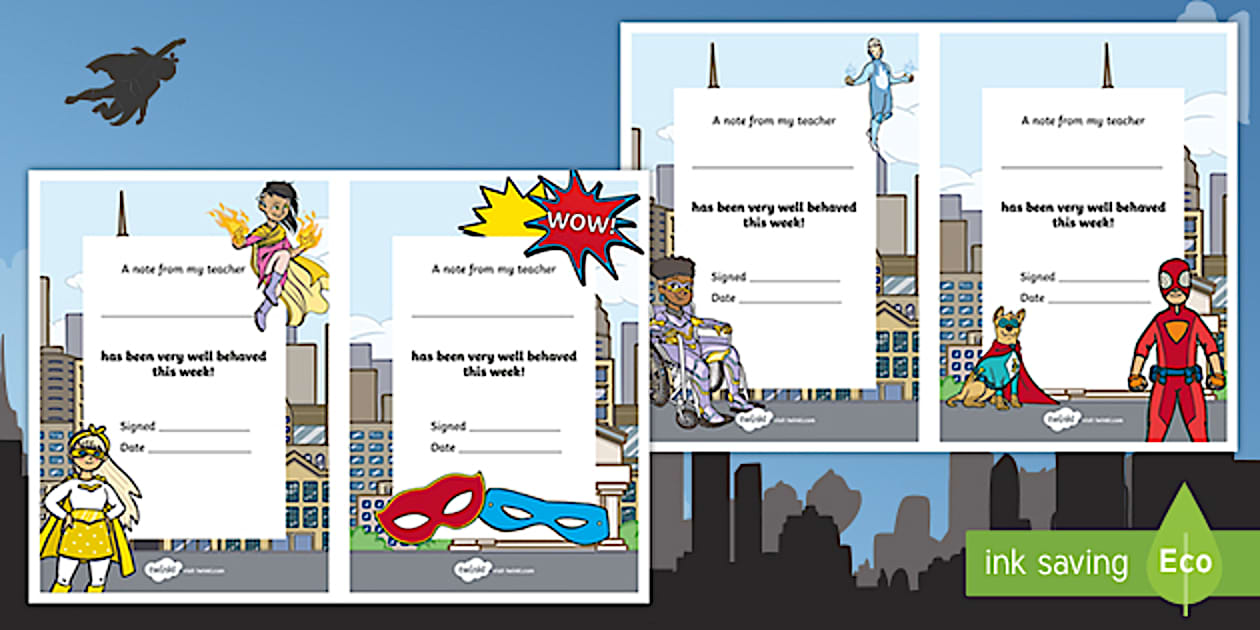 Note From My Teacher Well Behaved This Week (Superhero Themed)