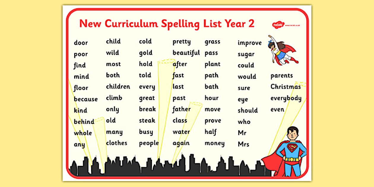 Cursive Superhero Themed Spelling List Year 2 Word Mat