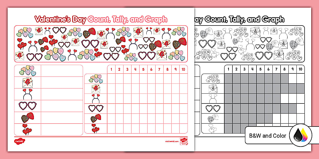 First Grade Valentine's Day Count, Tally, and Graph to 10 Worksheet