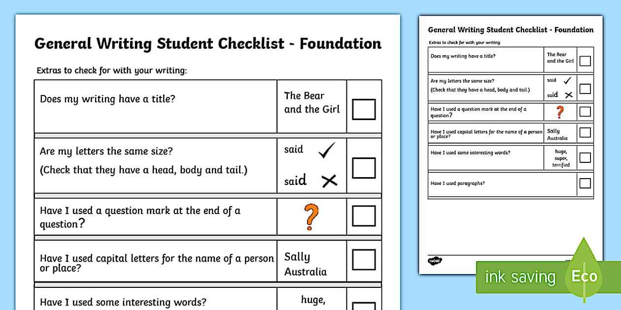SA Foundation General Writing Student Checklist - Twinkl