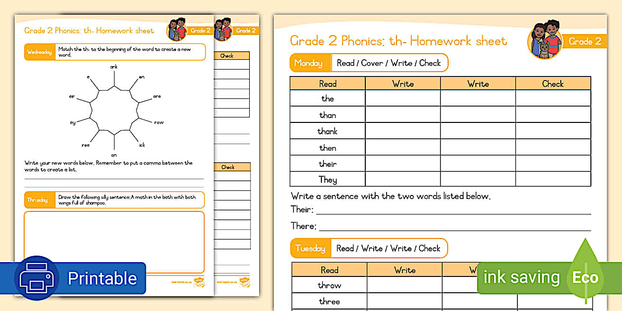 Grade 2 Phonics: th- Homework Sheet