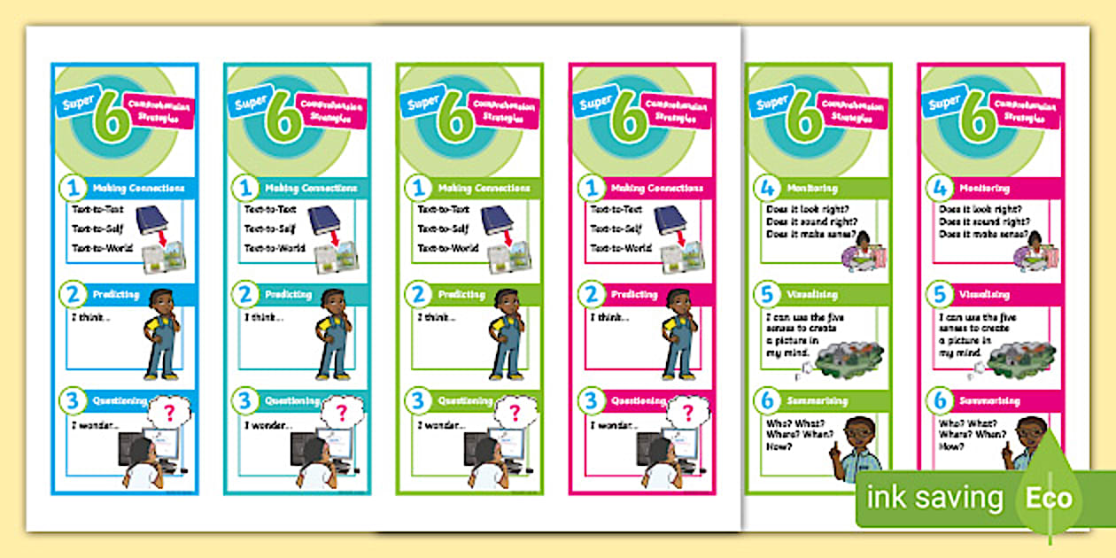 Super Six Comprehension Strategies Bookmarks (teacher made)