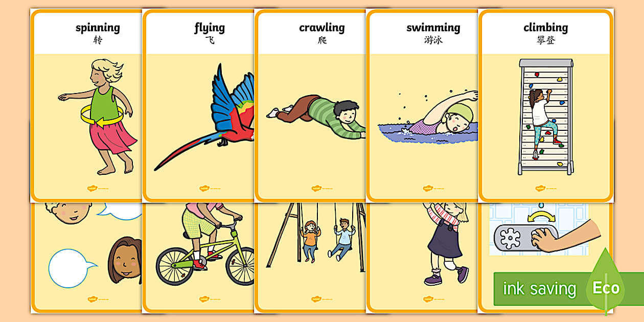 Editable Verb action Display Posters - English/Mandarin Chinese