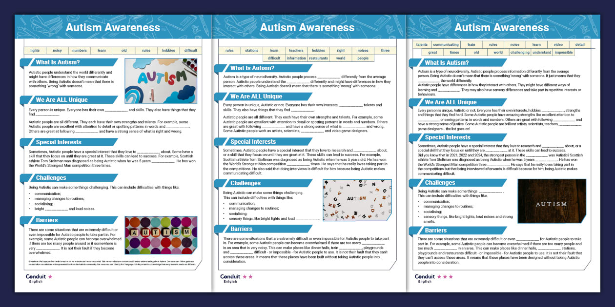 Reinforcing Reading: Autism Awareness Cloze Reading Activity
