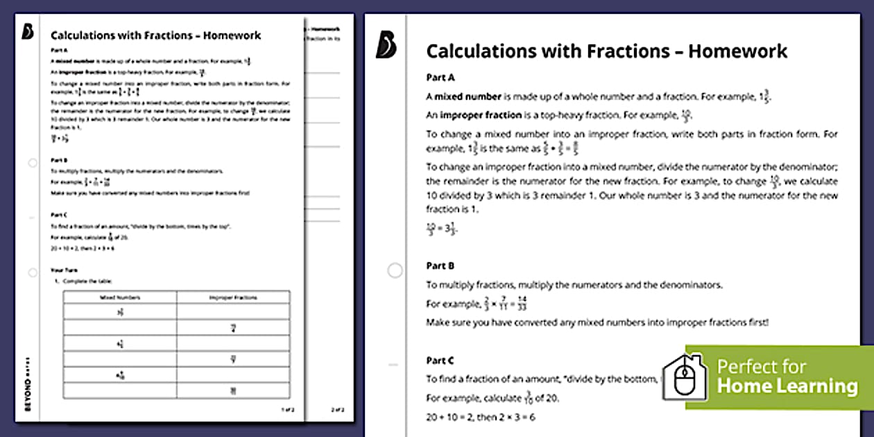 👉 Calculations with Fractions Homework | Beyond - Twinkl