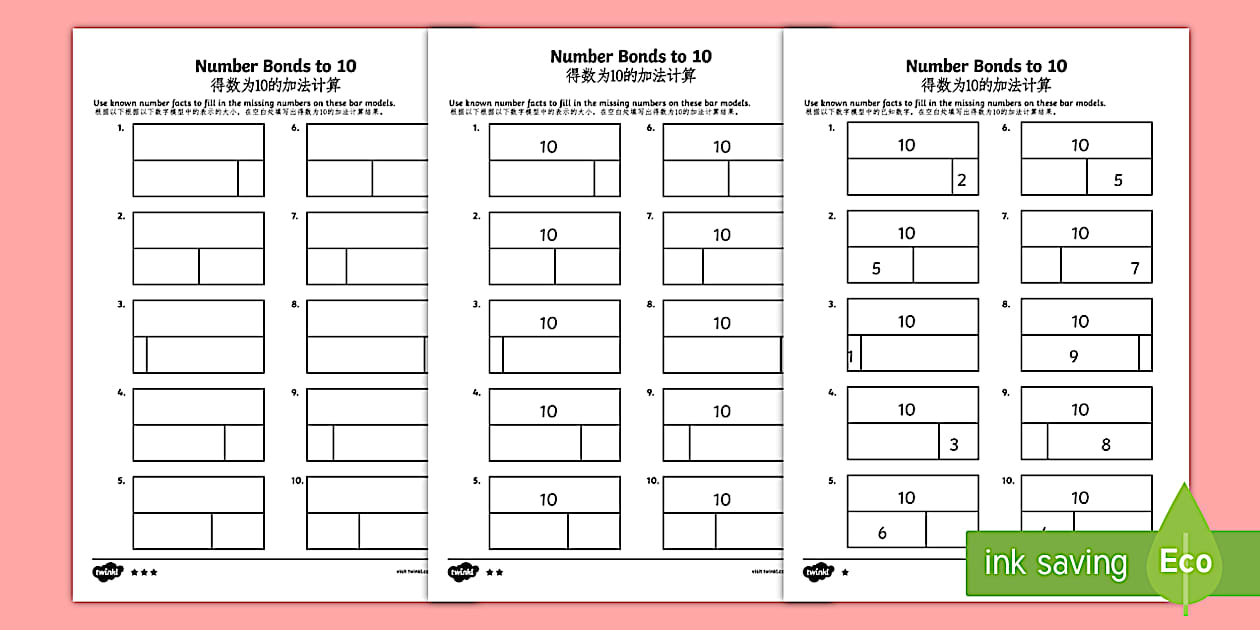 Middle Ability Bar Modelling Number Bonds to 10 Differentiated Worksheets
