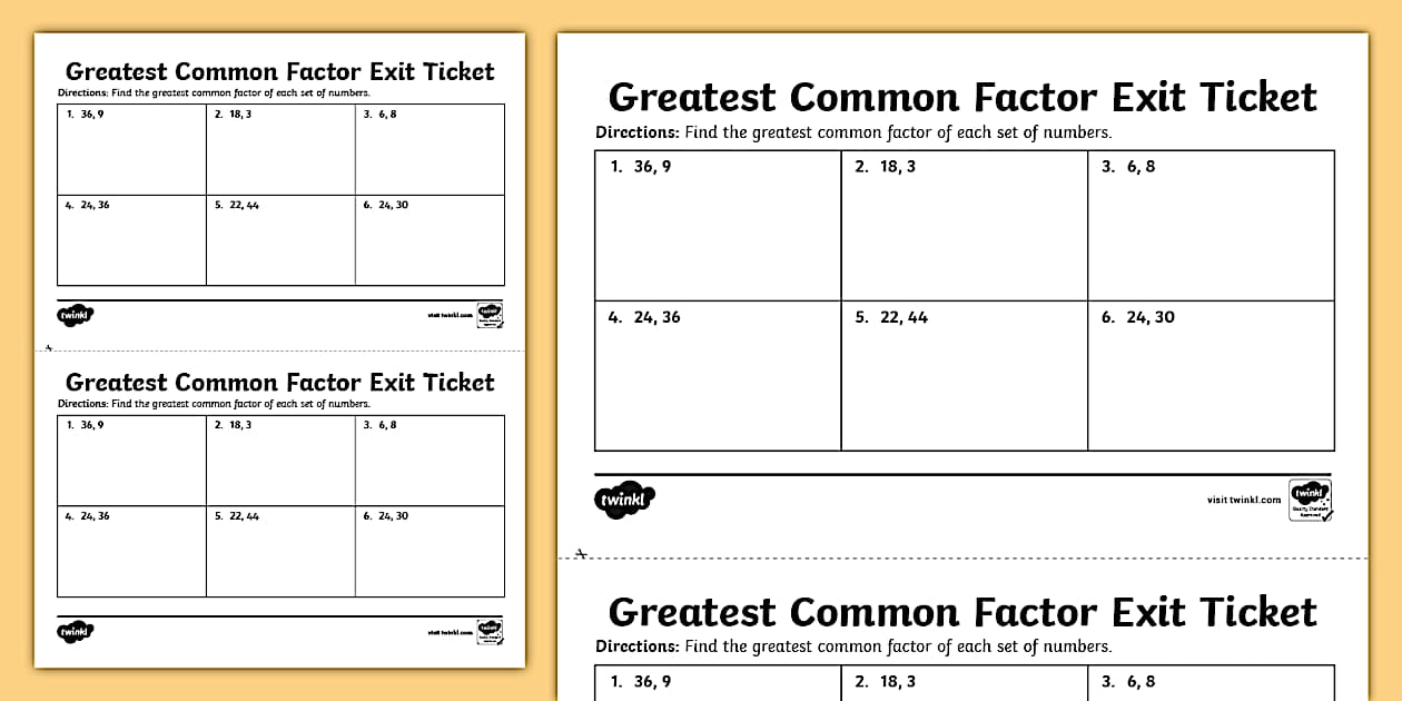 Sixth Grade Greatest Common Factor Exit Ticket - Twinkl