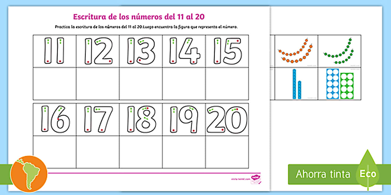Ficha de actividad: Escribir los números desde 11 hasta 20- Guía de trabajo