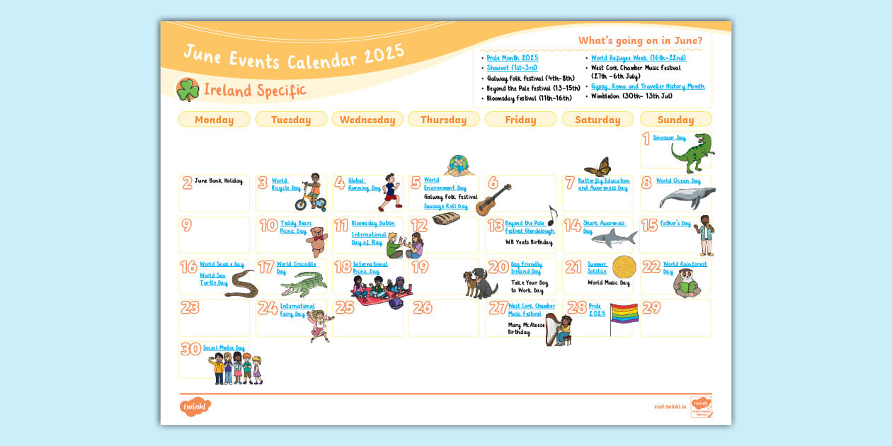 June Events Calendar 2025 Ireland Specific - Twinkl