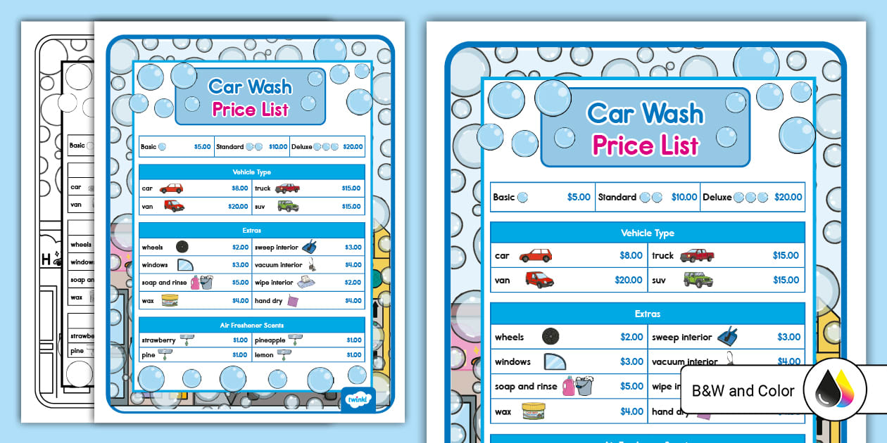 Car Wash Dramatic Play Price List Sign (Teacher-Made)