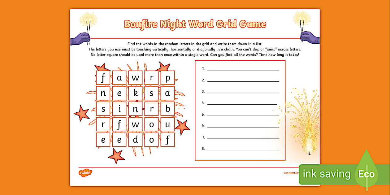 Bonfire Night Word Grid Game (Teacher-Made) - Twinkl