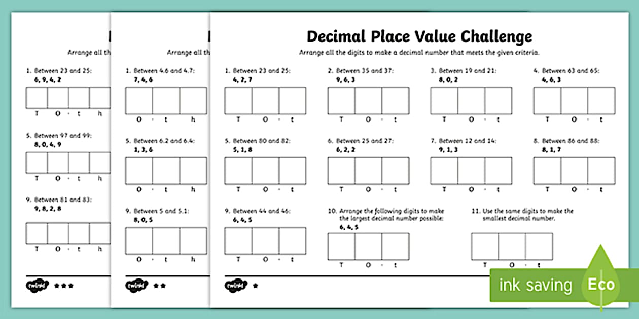 Decimal Place Values Worksheets (teacher made) - Twinkl
