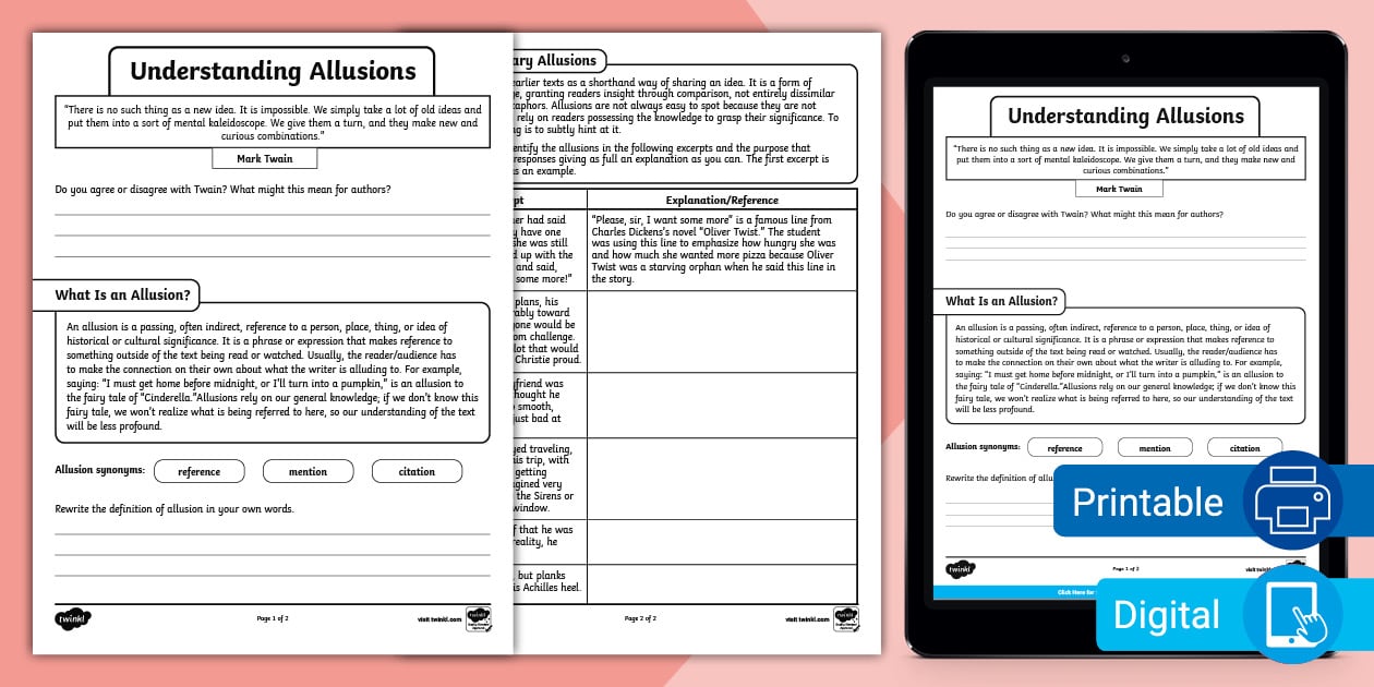 Seventh Grade Understanding Allusions Worksheet - Twinkl