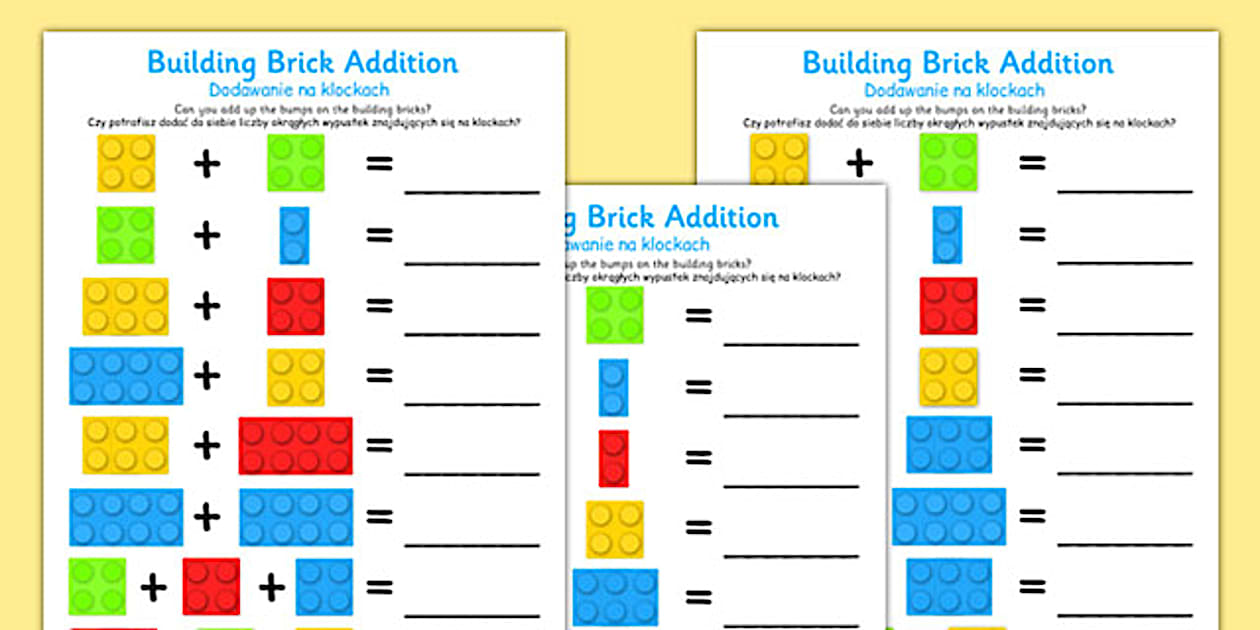 Black and White Building Brick Addition Worksheet Polish Translation