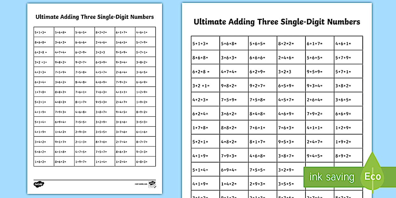 Single Digit Addition | Adding 3 Single Digits Worksheet