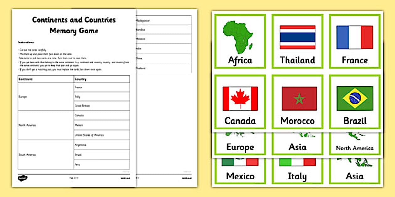 Continents and Countries Memory Game (teacher made) - Twinkl
