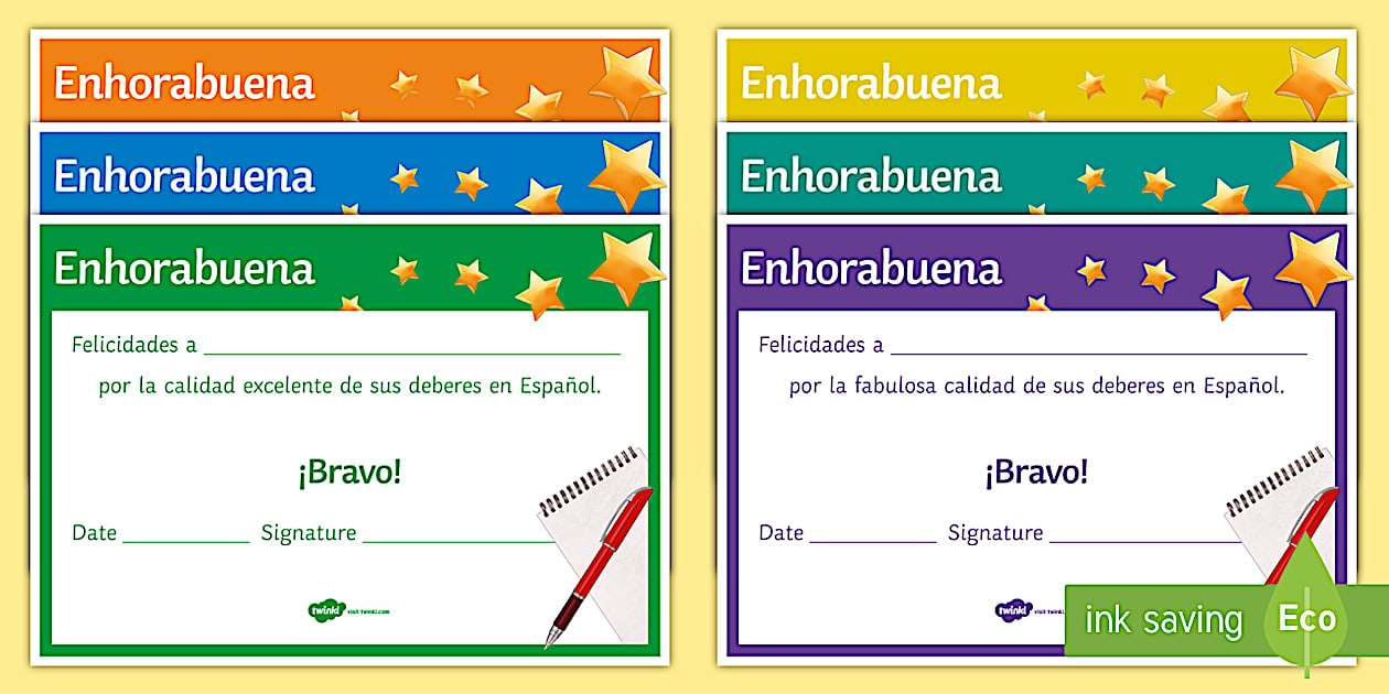Spanish End of Year Homework Award Certificate