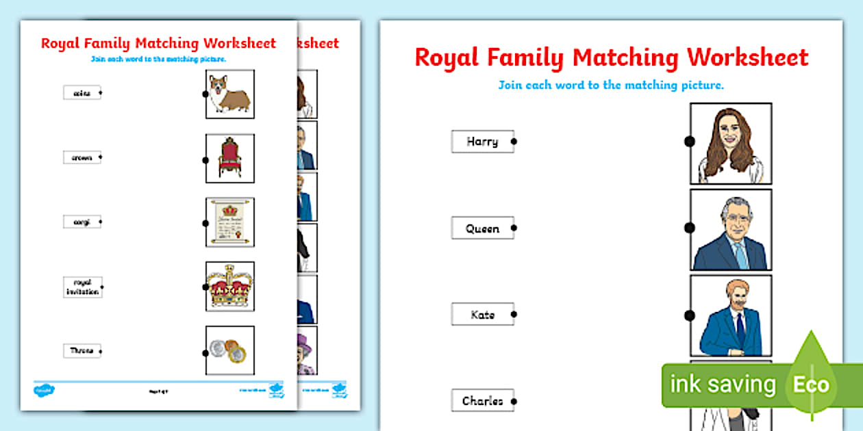 Royal Family Word and Picture Matching Worksheet - Twinkl