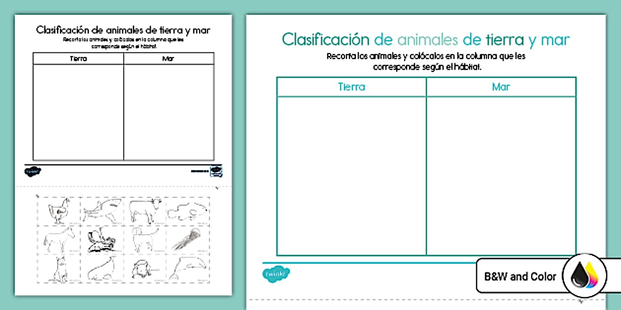 Tarjetas para clasificar animales de tierra y mar | Twinkl