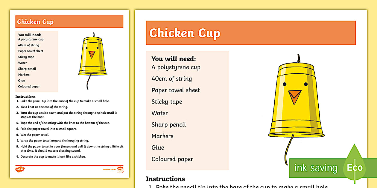 TAS Noisy Chicken Cup Craft Instructions (teacher made)