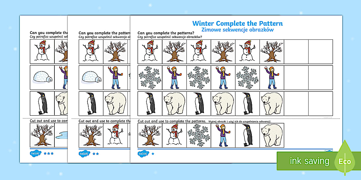 Lower Ability Winter Themed Complete the Pattern Worksheet Polish/English