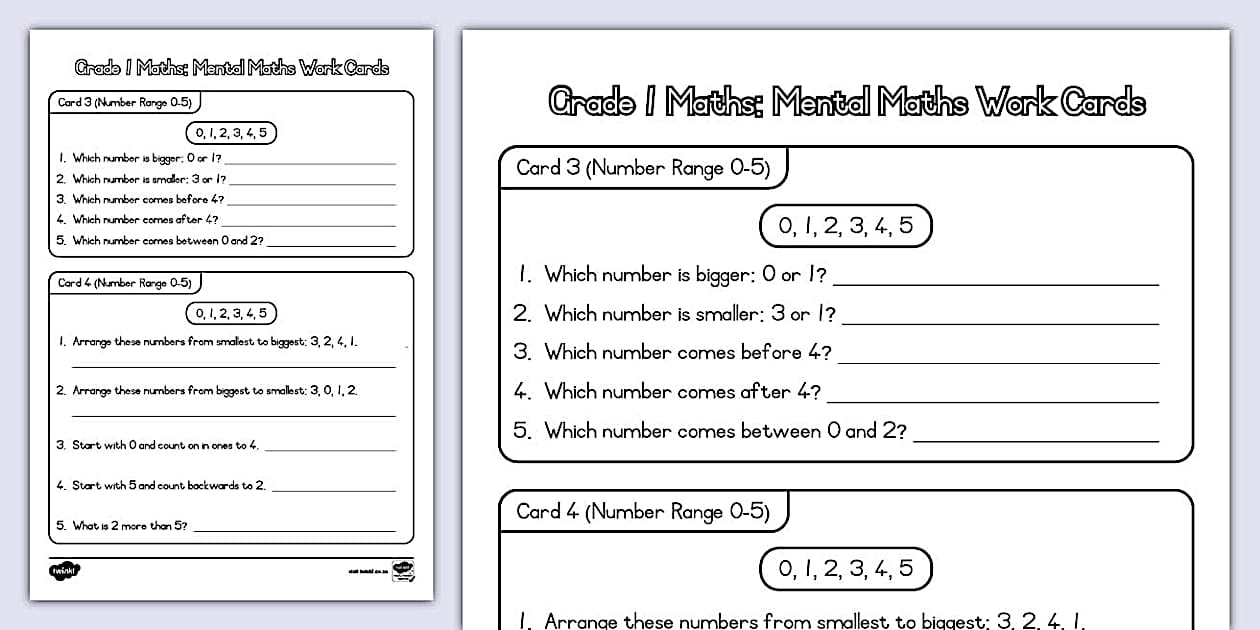 Grade 1 Maths: Mental Maths: Work Card:3 and 4 (T1) - Twinkl