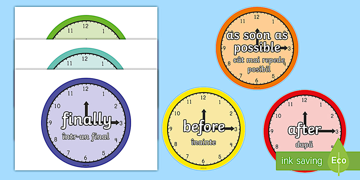 Time Conjunctions on Clocks English/Romanian - Good Time Connectives
