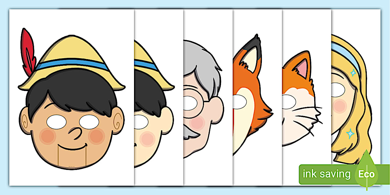 Black and White Pinocchio Story Role Play Masks - Twinkl