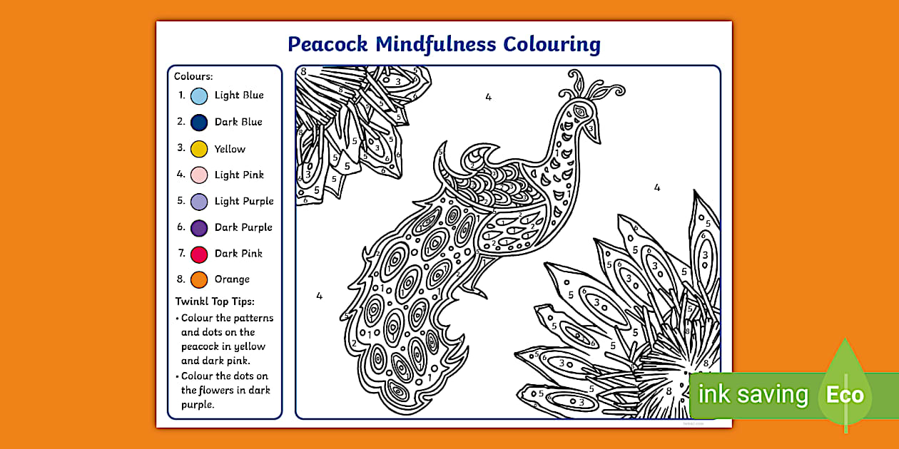 Peacock Mindfulness Colour by Number Page (teacher made)
