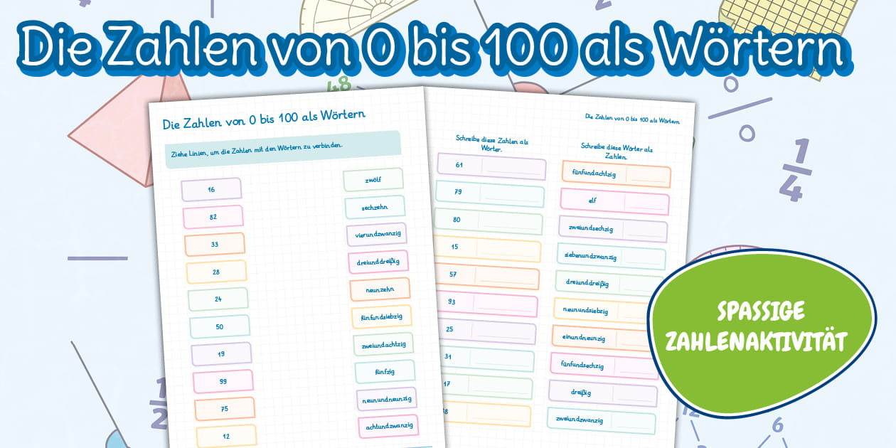 Die Zahlen von 0 bis 100 als Wörter Zuordnungsarbeitsblatt