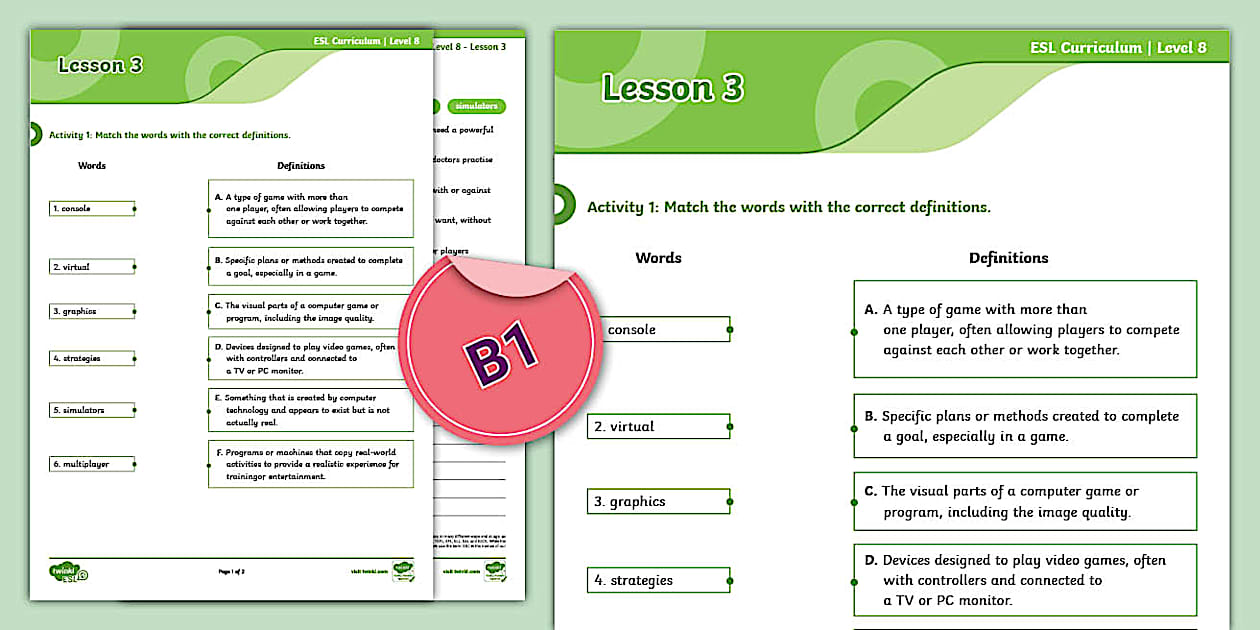 ESL Curriculum Level 8, Lesson 3 Worksheet (teacher made)