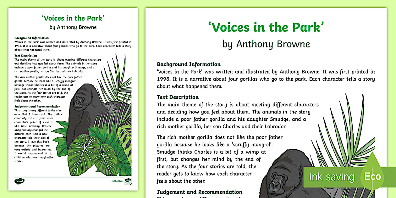 Editable ‘Voices in the Park’ By Anthony Browne Review Writing Sample