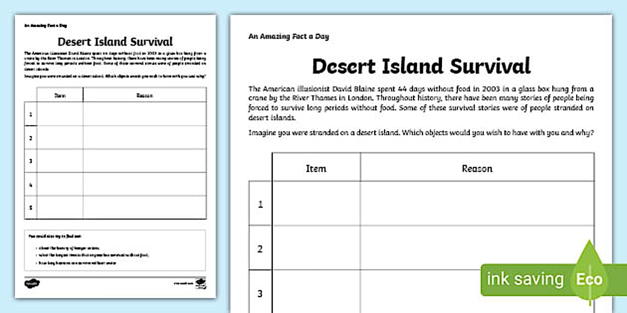 Editable Desert Island Survival Worksheet (professor feito)