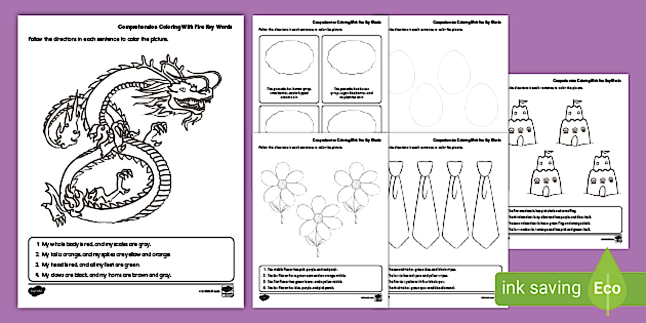Comprehension Coloring With Five Key Words Worksheets