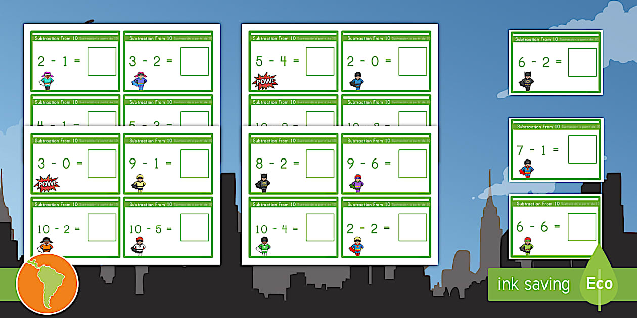 Subtraction From 10 Cards English/Spanish - Subtraction From 10 Cards