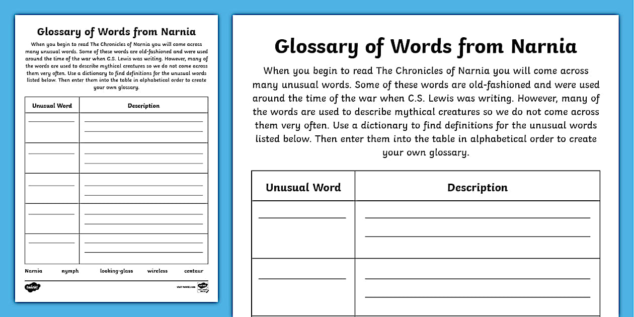 Chronicles of Narnia Unusual Words Definition Worksheets - books
