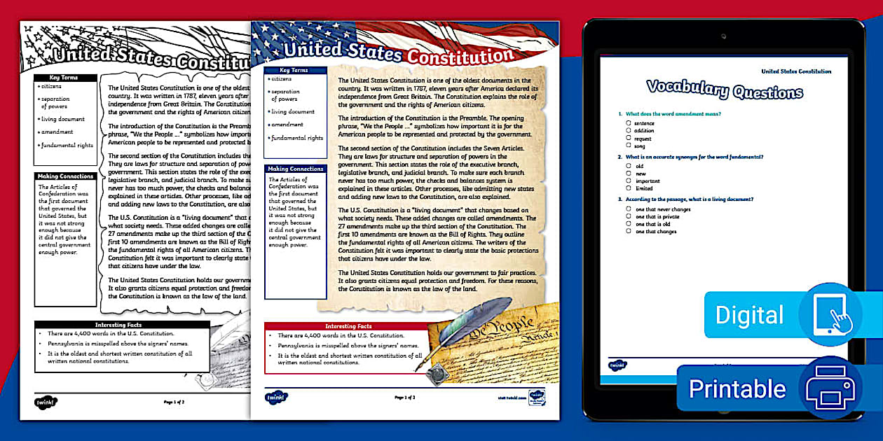 Sixth Grade United States Constitution Fact File and Vocabulary Questions