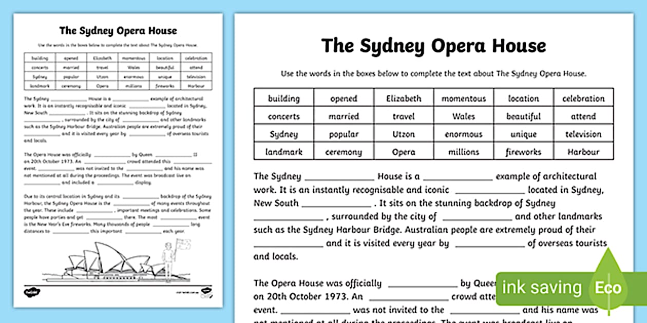 Sydney Opera House Cloze Worksheet / Worksheet - Twinkl