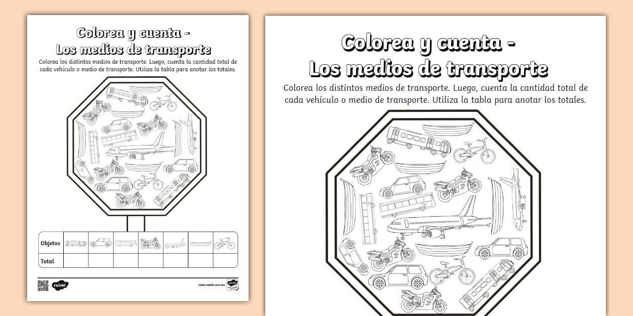 Hoja de actividad: Colorea y cuenta - Los medios de transporte
