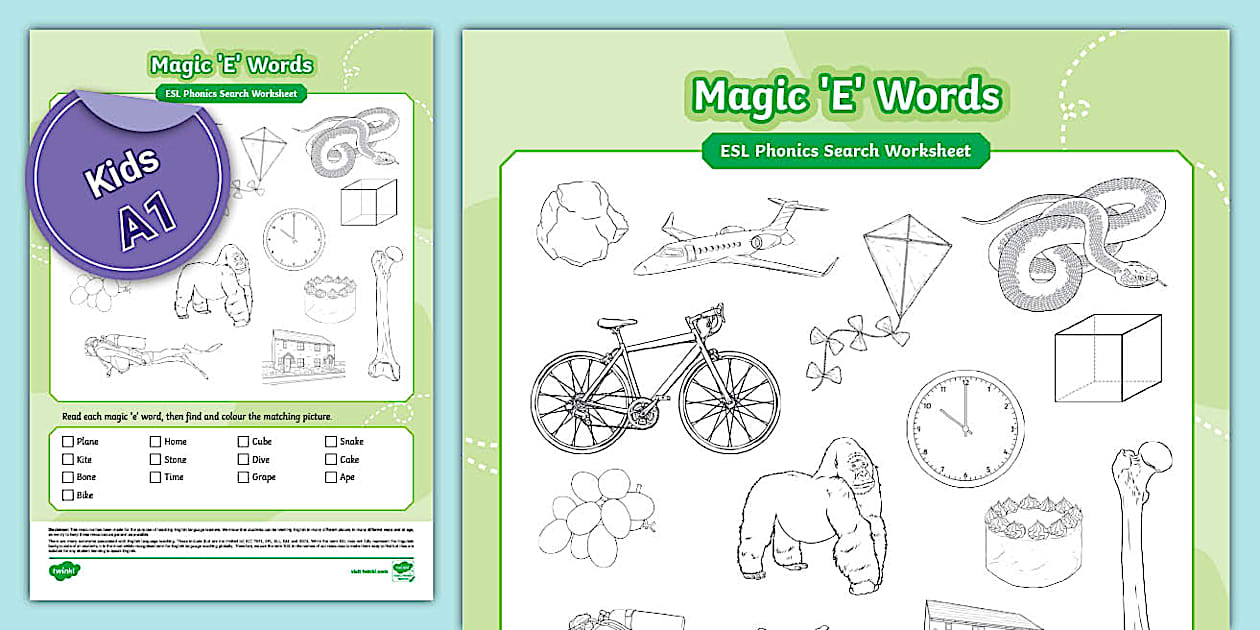 ESL Magic 'E' Words Phonics Search Worksheet [Kids, A1]
