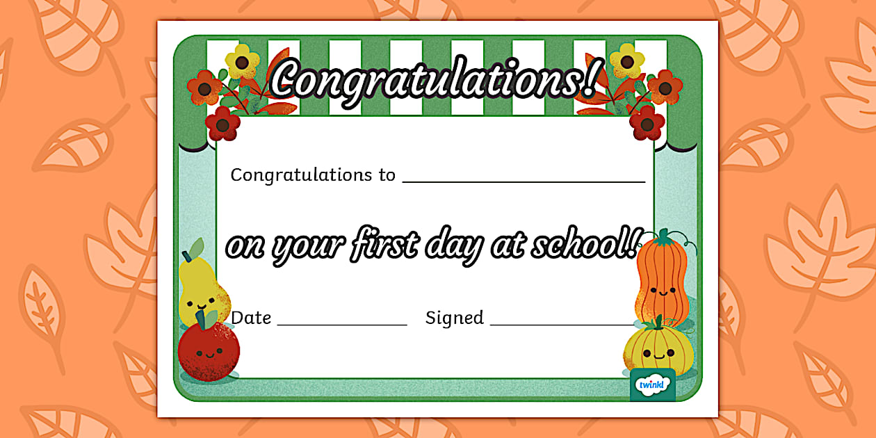 Autumn Market-Themed First Day of School Certificate