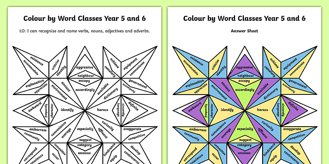 Editable Year 5 and 6 Colour by Word Class - Twinkl