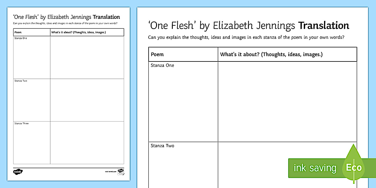 GCSE Poetry - 'One Flesh' by Elizabeth Jennings HA Translation Worksheet