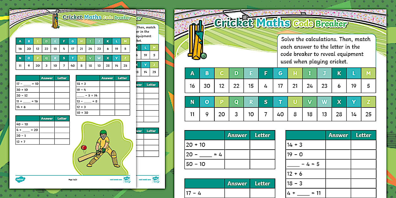 👉 Year 1 Cricket Maths Code Breaker (teacher made)