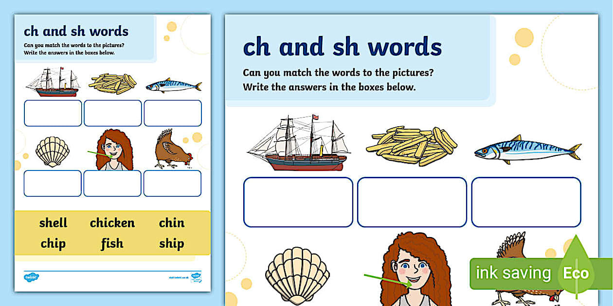 Black and White "ch" and "sh" Sounds Matching Activity Worksheet