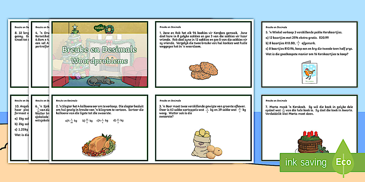 Breuke en Desimale Woordsomme Kersfees Wiskunde Uitdagingskaarte