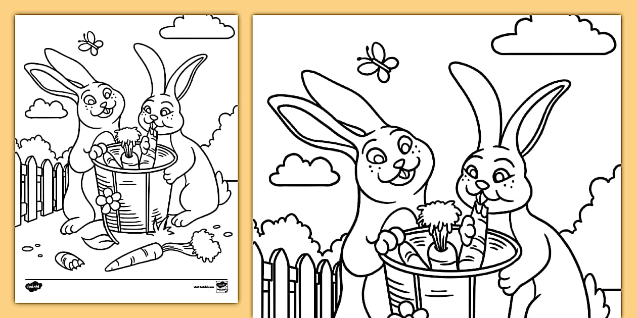 Bunnies and Carrots Coloring Sheet (Teacher-Made) - Twinkl
