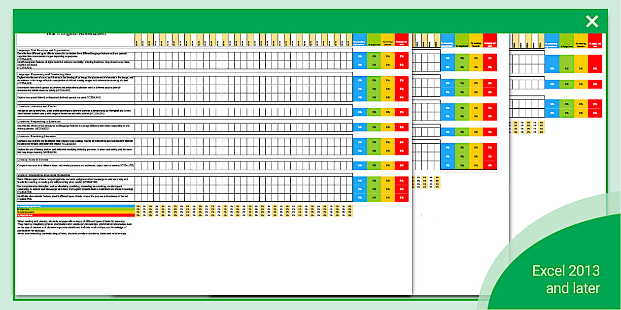 Victorian Curriculum Year 4 English Assessment Spreadsheet
