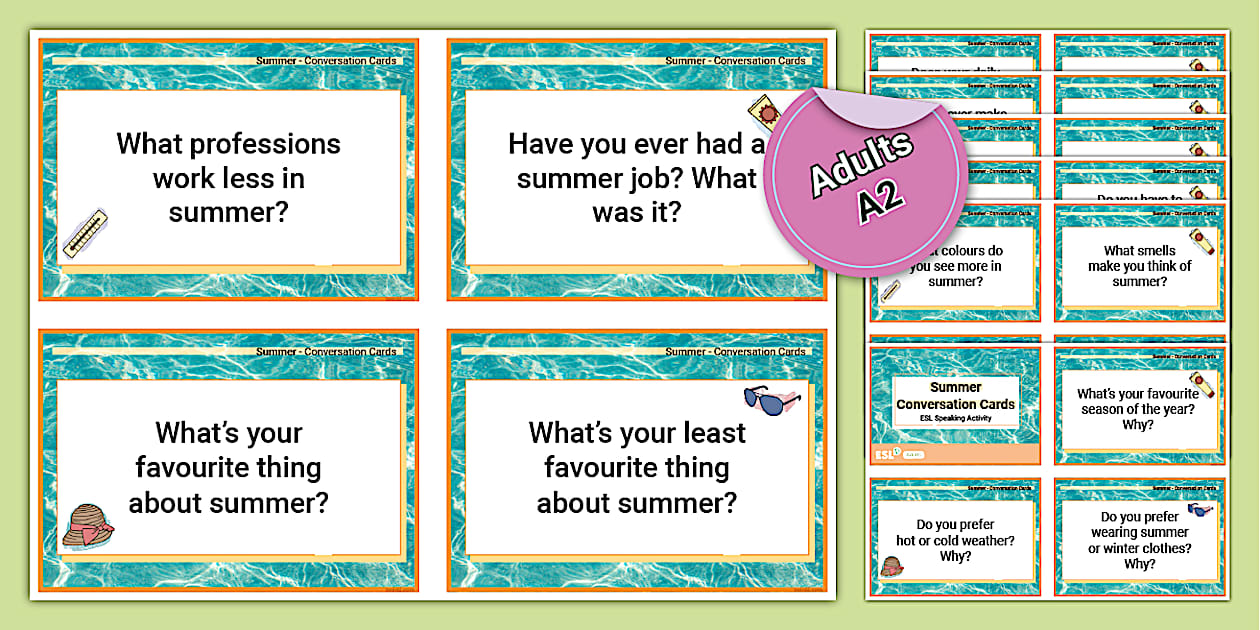 Summer Conversation Cards for A2 adults (teacher made)